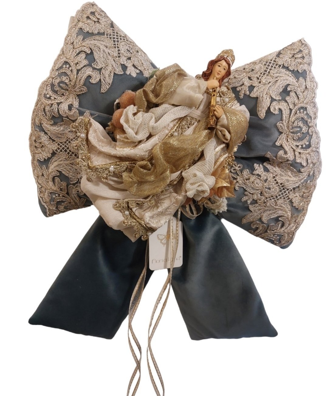 Fiocco di velluto con Angelo musicante con pizzo 33xH43 Fiori di Lena ...